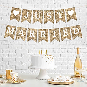 Pre-Strung Just Married Banner - NO DIY - Gold Glitter Wedding Party Banner - Pre-Strung Garland on 6 ft Strands - Gold Wedding Reception Party or Car Decorations & Decor. Did we Mention no DIY?