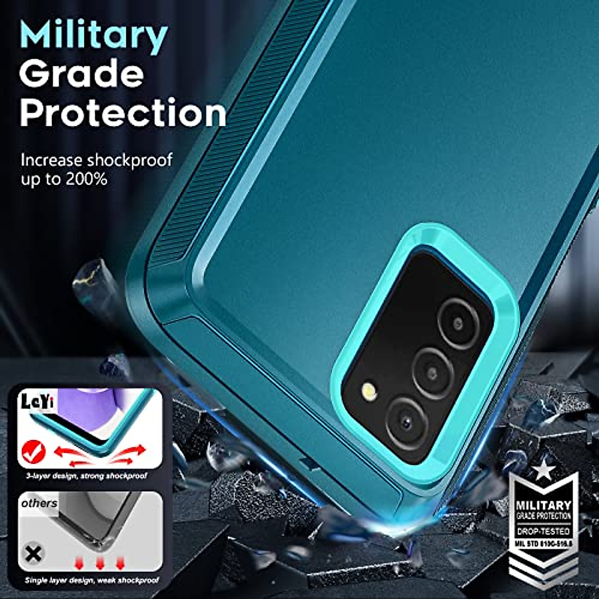 LeYi for Samsung Galaxy A03S Case, Samsung AO3S Phone Case with [2 Pack] Tempered Glass Screen Protectors, 3 in 1 Full Body Shockproof Rubber Dustproof Rugged Defender Case for Galaxy A03S, Teal Blue