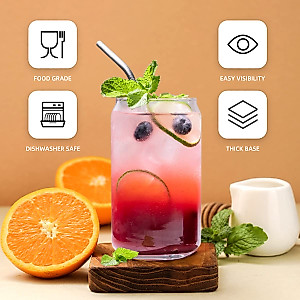 YULEER Glass Cups With Lids & Straws 6 Pack, 16 oz Can Shape Drinking Glasses Beer Glasses Tumbler Cups Water Bottles for Iced Coffee, Cocktail, Beer, Soda