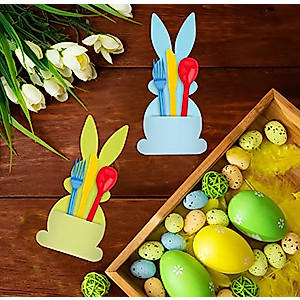 36 Easter Utensil Cutlery Holders Bunny Rabbit Shape Silverware Paper Pouch Sleeve Pockets Spring Table Place Settings Tableware Party Supplies Decoration Pink Blue Yellow Green for Knife Forks Spoons