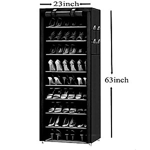 SoSo-BanTian1989 Black 10 Tiers Metal Tube Frame Shoe Rack with Dustproof Cover, 27 Pairs Shoes Cabinet Closet Storage Organizer Tower Shelf