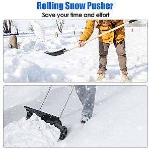 GYMAX Snow Shovel, Rolling Snow Pusher for Driveway, Heavy Duty Snow Plow Shovel with 26” Wide Blade, Built-in Wheels & Adjustable Handle, Wheeled Ergonomic Snow Removal Tools