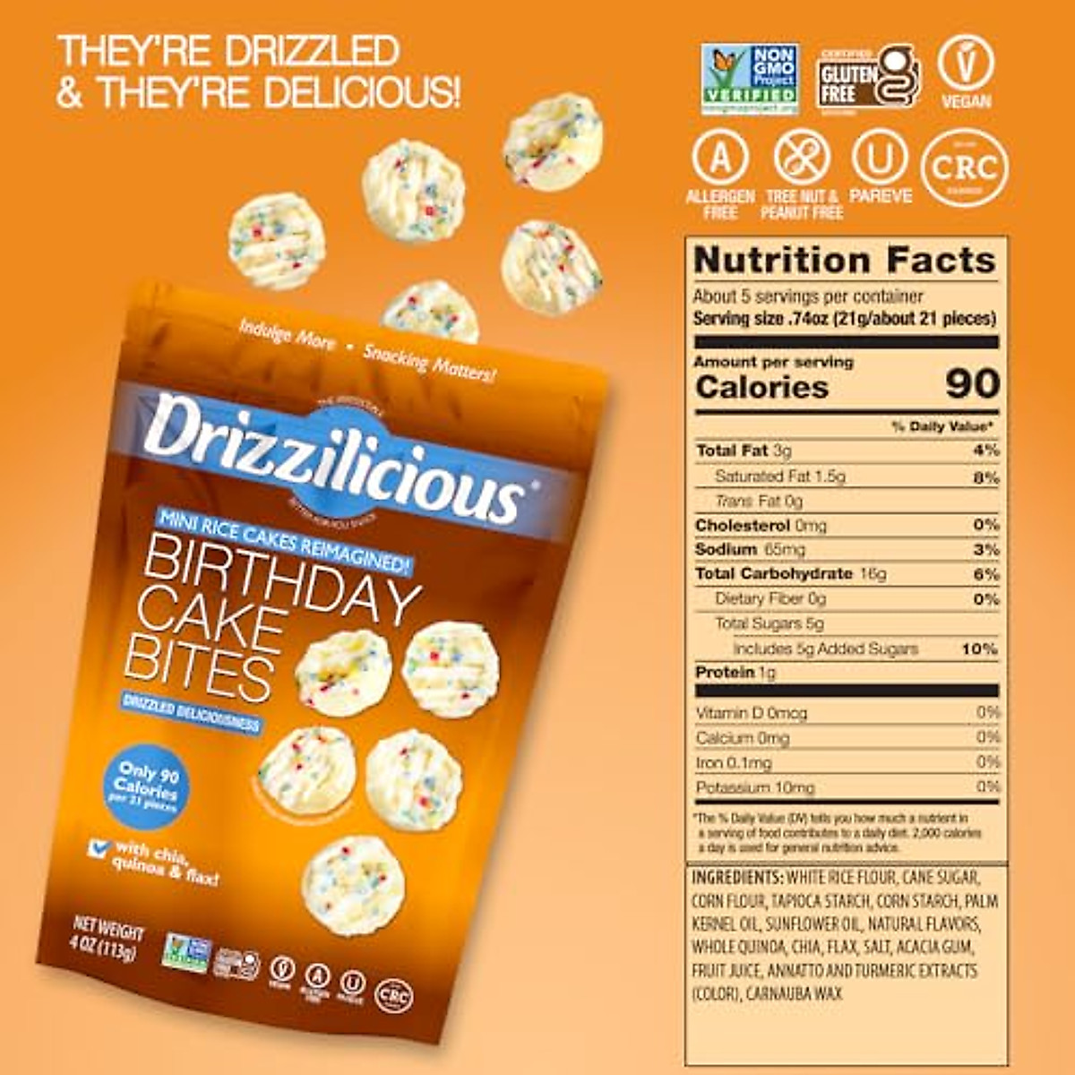 Drizzilicious Mini Rice Cakes Birthday Cake - Rice Crisps, Healthy Snack for Adults and Kids, Flavored Rice Cakes, Vegan, Gluten Free, Allergen Free, Only 90 Calories Per Serving - 4 oz (Pack of 2)