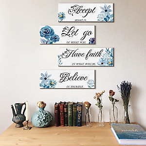 Joyhawk 4 Pieces Blue Flower Wall Decor For Bedroom, Accept-Let go-Have faith-Believe Wooden Inspirational Wall Art Decorations for Living Room Bathroom,Rustic Wooden Farmhouse Home Decor, 12 x 4 Inch