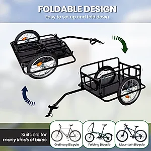 Polar Aurora Bike Cargo Trailer w/Universal Bicycle Coupler, 16'' Wheels, Foldable Bicycle Cart Wagon for Carrying Groceries, Luggage, Tools