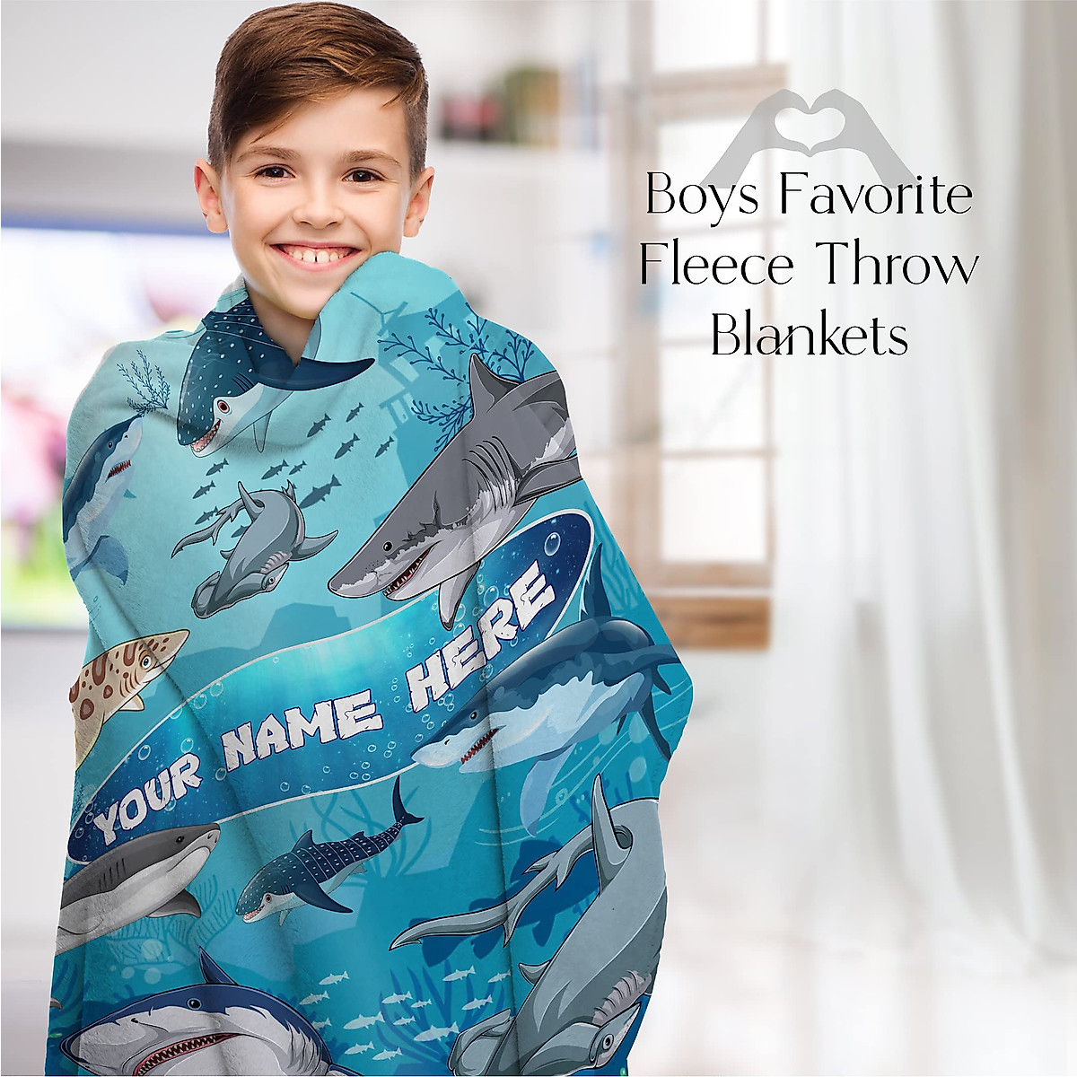 Personalized Shark Blanket for Kids - Ships Next Day and Made in USA - Soft Fleece Throw Bed, Cute Room Decor, Plush Sofa Couch Cover, Lightweight Baby Shark Toys, Custom Gift (Fleece – 50x60)