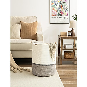 StorageWorks 58L Cotton Rope Laundry Basket with Wooden Beads Handles, Woven Basket for Storage, Dirty Clothes, Kids Toys, Towels, White & Light Brown