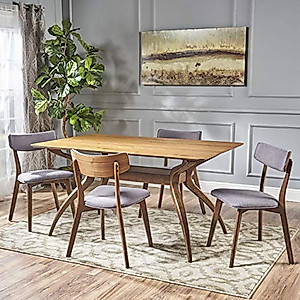 Christopher Knight Home Nissie Mid-Century Wood Dining Set with Fabric Chairs, 5-Pcs Set, Dark Grey / Natural Walnut Finish