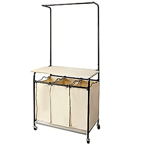 Rolling Laundry Sorter Cart with Wheels Heavy-Duty Laundry Hamper Sorter Cart with Ironing Board，3 Removable Bags, and Attached Steel Hanging Bar (Beige)