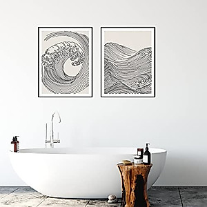 PAINURA Japanese Wave Poster Abstract Wall Art Minimalist Print Abstract Ocean Art Black and White Canvas Art for Bedroom Decor Japanese Wall Art Line Art Wall Decor (16x24Inchx2 Unframed)