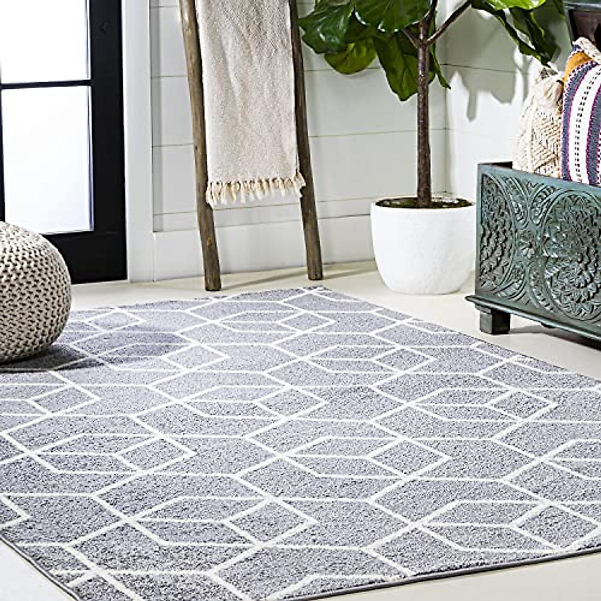 JONATHAN Y SEU101F-5 Tumbling Blocks Modern Geometric Indoor Area-Rug Contemporary Casual Easy-Cleaning Bedroom Kitchen Living Room Non Shedding, 5 X 8, Gray/White