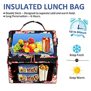 LOKASS Lunch Bag Women Double Deck Insulated Lunch Box Large Cooler Tote Bag with Removable Shoulder Strap Wide Open Thermal Meal Prep Lunch Organizer Box for Adults Work/College/Outdoor, Black Peony