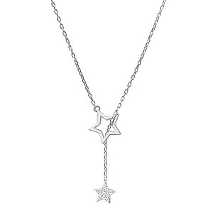 Crystal Star Lariat Y Pendant Necklace for Women 925 Sterling Silver Fashion Dainty CZ Lucky Stars Drop Choker Hypoallergenic Jewelry Christmas Valentine Holiday Gift