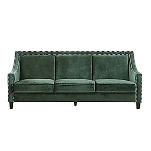 Iconic Home Camren Sofa Velvet Upholstered Swoop Arm Silver Nailhead Trim Espresso Finished Wood Legs Couch Modern Contemporary, Green