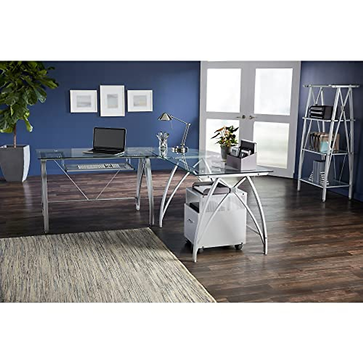 Realspace® Vista Glass 76" W L-Shape Corner Desk, Silver
