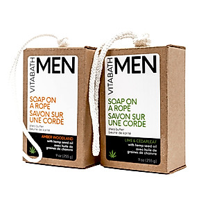 Vitabath Men's Amber Woodland Soap on a Rope Moisturizing Natural Hemp Oil & Shea Bar - Hydrating Whole Body Cleanser for Men or Women - 9 oz