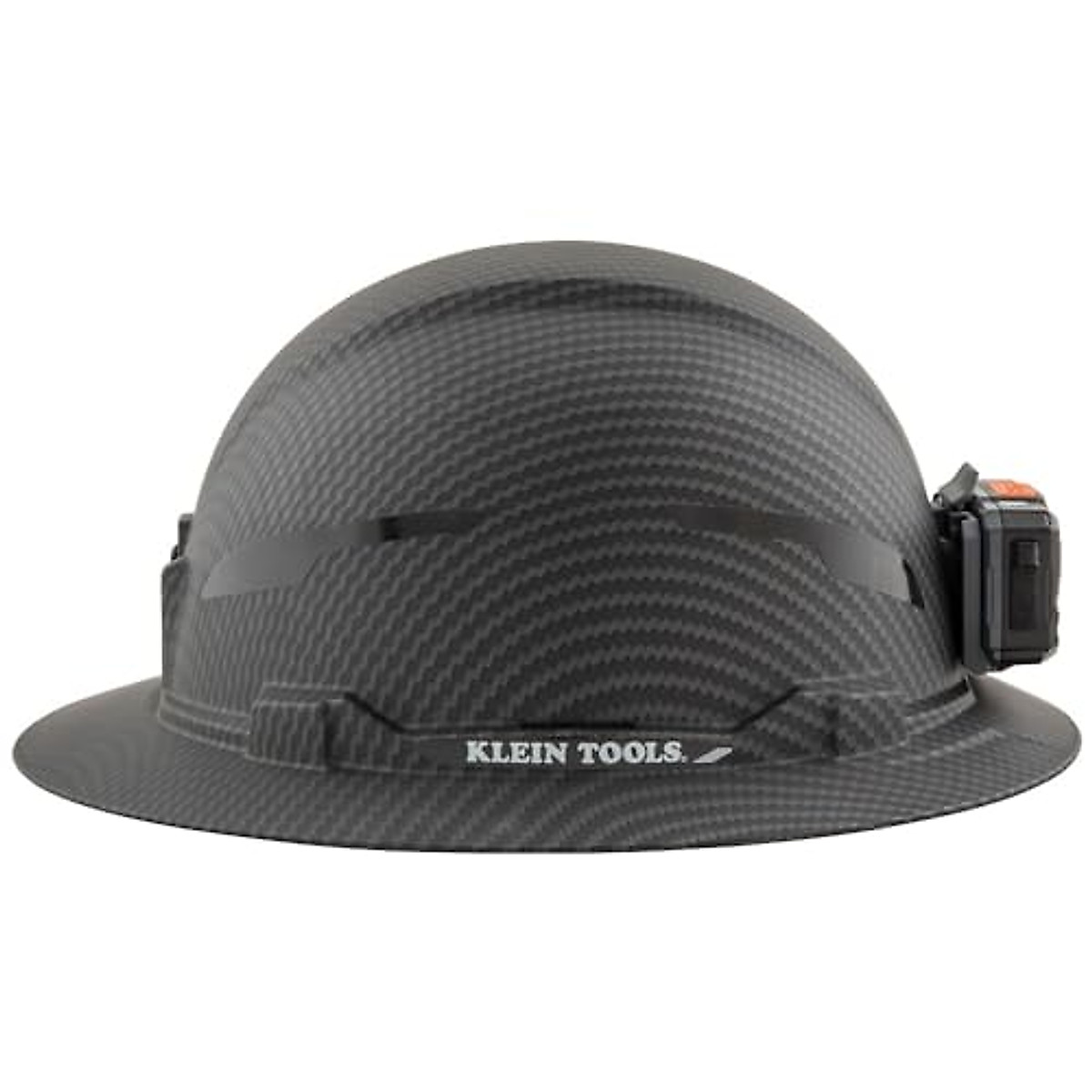 Klein Tools 60346 Hard Hat, Non-Vented Full Brim, Class E, Premium KARBN Pattern, Rechargeable Lamp, Padded Sweat-Wicking Sweatband, Top Pad Large