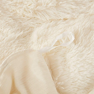 JAUXIO Luxury Long Faux Fur 3 PCS Bedding Set Shaggy Comforter Duvet Cover with Pillow Shams Ultra Soft Crystal Velvet Reverse (Queen, Cream)