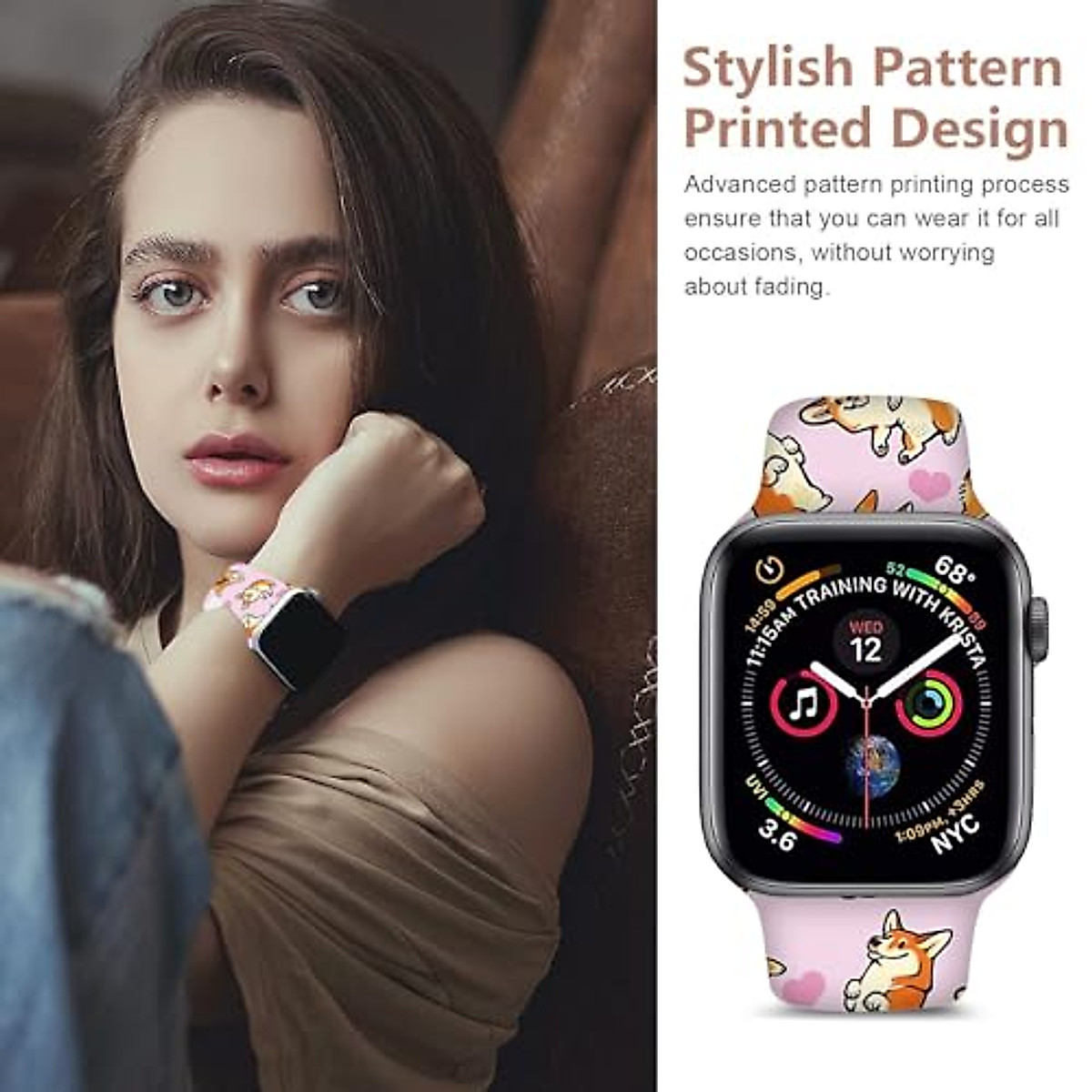 Cute Corgis Watch Bands Compatible with Apple Watch 38mm 40mm, Adjustable Kawaii Corgi Dogs Pattern Wristbands Soft Silicone Replacement Strap for iWatch Series 7 6 5 4 3 2 1 SE