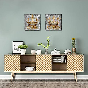 Zlove 2 Set Romantic Wall Art Golden Queen and King Crown Painting Antique Vintage Grey Artwork on Canvas For Bedroom Valentine Day Wedding Gift Stretched and Framed Ready to Hang 12x12inchx2pcs