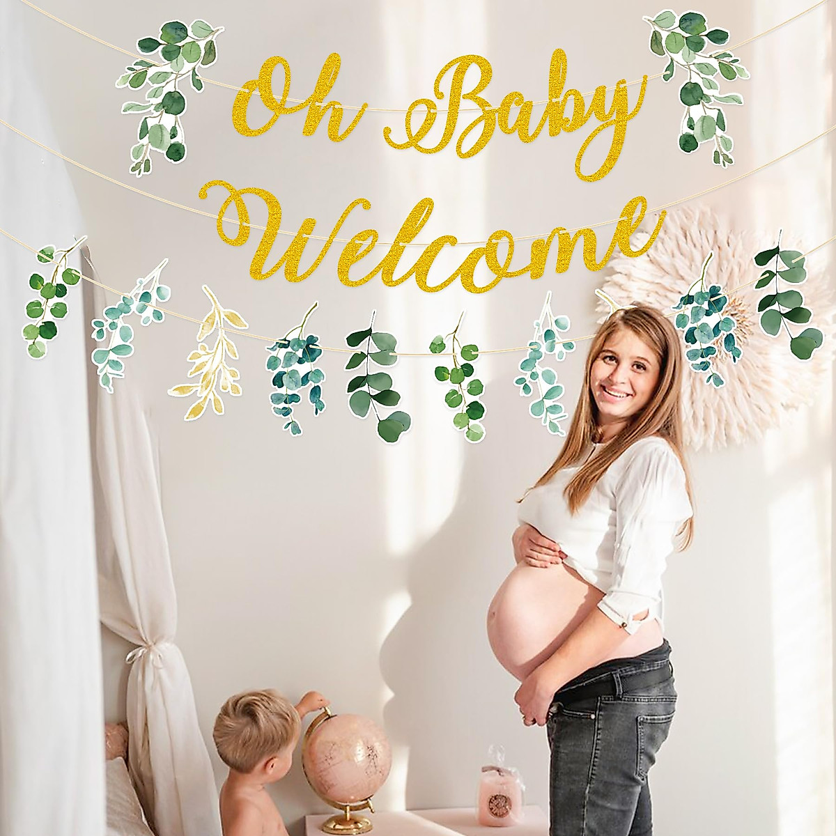 Gifloon Pre-Strung Baby Shower Decorations, Oh Baby Banner Welcome Baby Eucalyptus Leaves for Gender Geveal Party Decorations