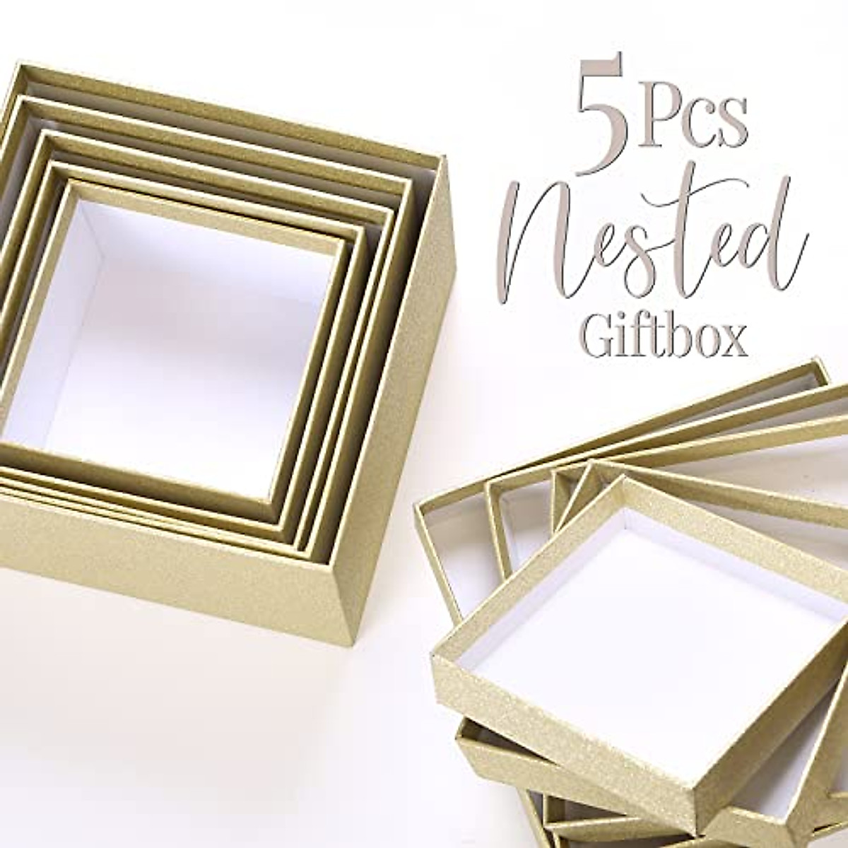 PAPER FAIR 5PCS Bright Gold Glitter Nesting Gift Boxes Set, Flat Square Cardboard Storage Organizer Keepsake Box with Lid Durable Reusable, for Gift Wrapping Holiday Present Christmas Birthday, Assorted Size