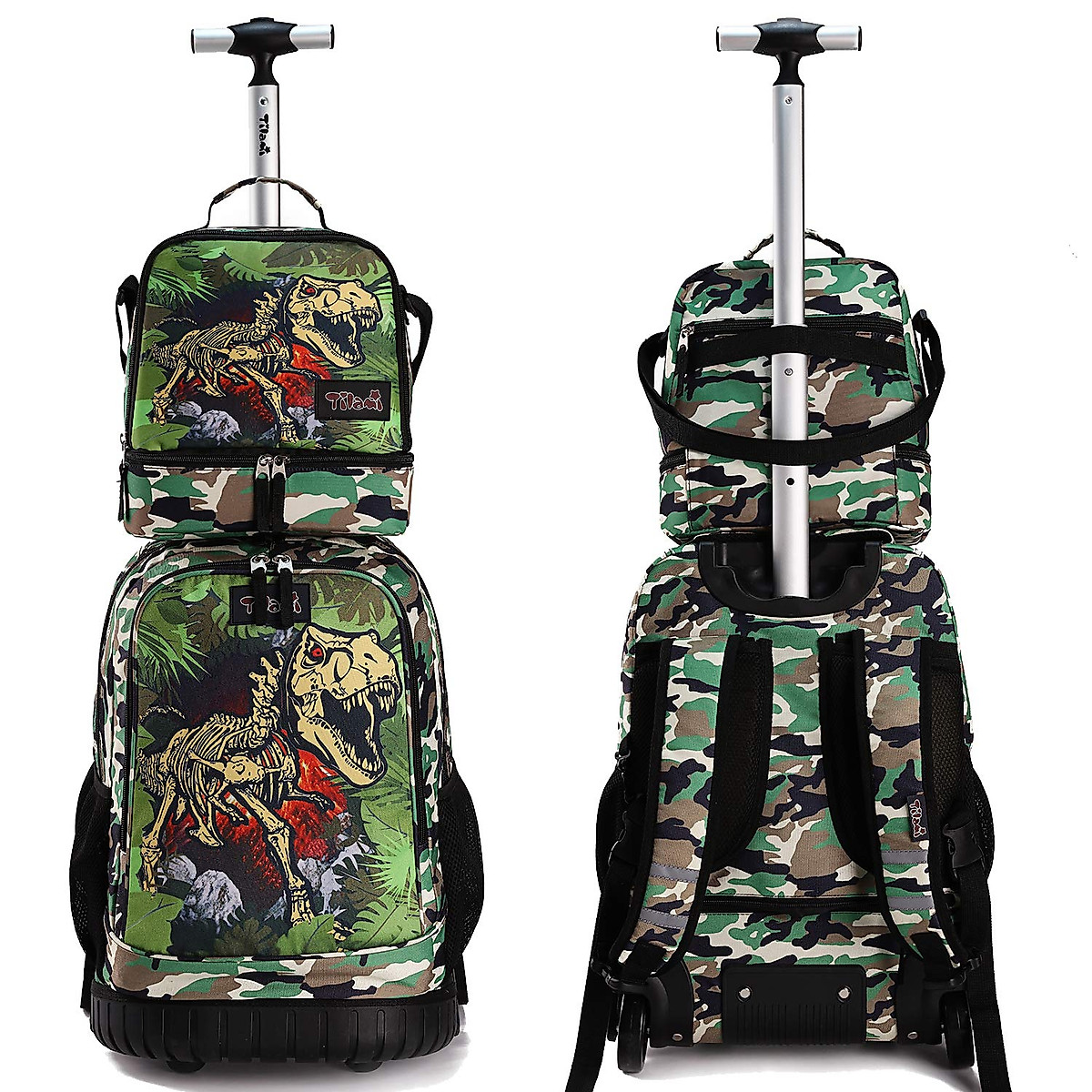 Tilami Rolling Backpack 19 inch with Lunch Bag Wheeled Laptop Backpack, Dinosaur Camouflage