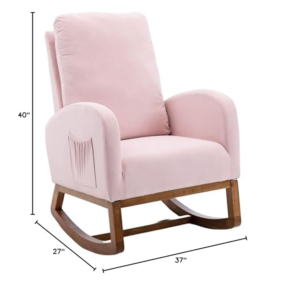 Nursery Rocking Chair,Upholstered Fabric Accent Armchair,Wooden Padded Seat with 2-Side Pocket,Nursing Chair with Rubber Wood Legs,Glider Chair for Nursery,Living Room,Home Office (Pink)