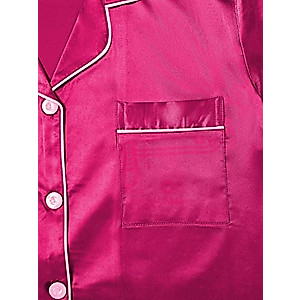 Remidoo Women's Satin Pajamas Short Sleeve Button Down Shirt with Shorts Set 2 Piece Sleepwear Solid Hot Pink Small