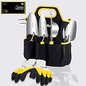 hOmeHua Garden Tools Set, 8 Piece Stainless Steel Heavy Duty Gardening Kit with Ergonomics Soft Rubberized Non-Slip Handle, Tote Bag, Gloves, Trowel, Weeder Tools - Garden Gifts Packing for Men Women