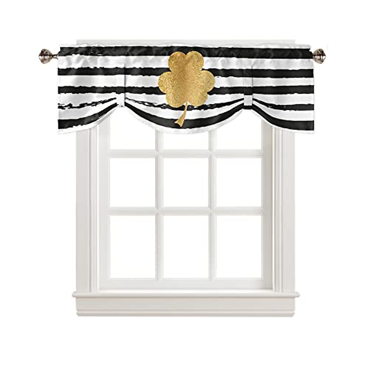 St Patrick's Gold Lucky Clover Leaves Tie Up Valance Curtain for Kitchen-Small Window Shade Valances Adjustable Rod Pocket Windows Treatment for Bathroom Black and White Stripes Line,1 Panel 42x18in