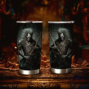 20oz Metal Rock Skull Reaper Electric Guitar Tumbler, Guitarist, Musician Gifts, Coffee Thermos for Men, Stainless Steel Double Wall Vacuum Insulated Coffee Mug, Travel Cup with Lid