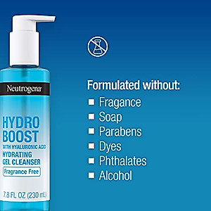 Neutrogena Hydro Boost Fragrance-Free Hydrating Facial Gel Cleanser with Hyaluronic Acid, Daily Foaming Face Wash Gel & Makeup Remover, Lightweight, Oil-Free & Non-Comedogenic 7.8 fl. oz