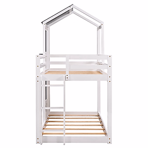 P PURLOVE Twin Over Twin Bunk Bed, Wood bunk Bed Frame with Ladder, Bunk Bed with Roof, Window and Guardrails, for Boy, Girls and Young Teens, White