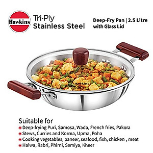 HAWKINS Triply 3 mm Stainless Steel Deep Fry Pan 2.5 LTR with Lid, Silver (SSD25G), Standard