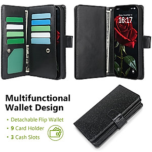 Varikke for iPhone 15 Pro Max Wallet Case Detachable with Card Holder for Women, Fashion Glitter PU Leather Strap Magnetic Flip Wallet Removable Phone Case Cover for iPhone 15 Pro Max 6.7", Black