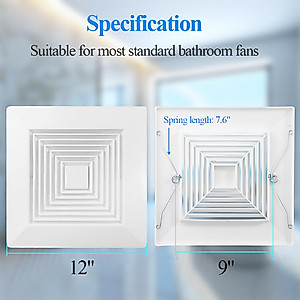 WiseWater Bathroom Ceiling Fan Grille with Springs, Replacement Vent Cover for Broan-Nutone Exhaust Fan, Air Diverter, Ceiling Air Diffuser (12 * 12")