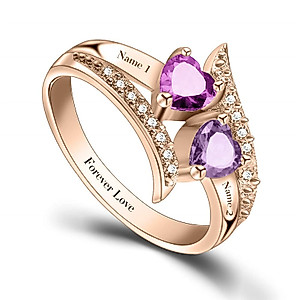ORFANDE Personalized Promise Rings for Her with Simulated Birthstones Custom Couples Name Ring for Women Free Engraved Birthstone Ring for Birthday Anniversary Christmas (2 Stone-A)