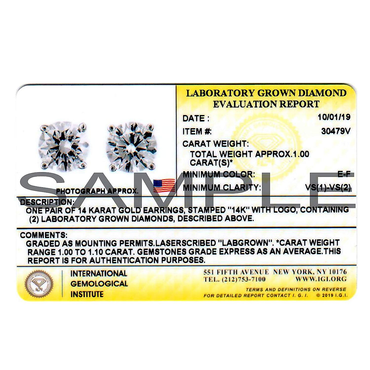 Diamond Wish - 1 Carat Lab Grown Diamond Round Stud Earrings for Women in 14k Yellow Gold (E-F, VS1-VS2, 1.00 cttw, IGI Certified) 4-Prong Setting Screw Back Studs