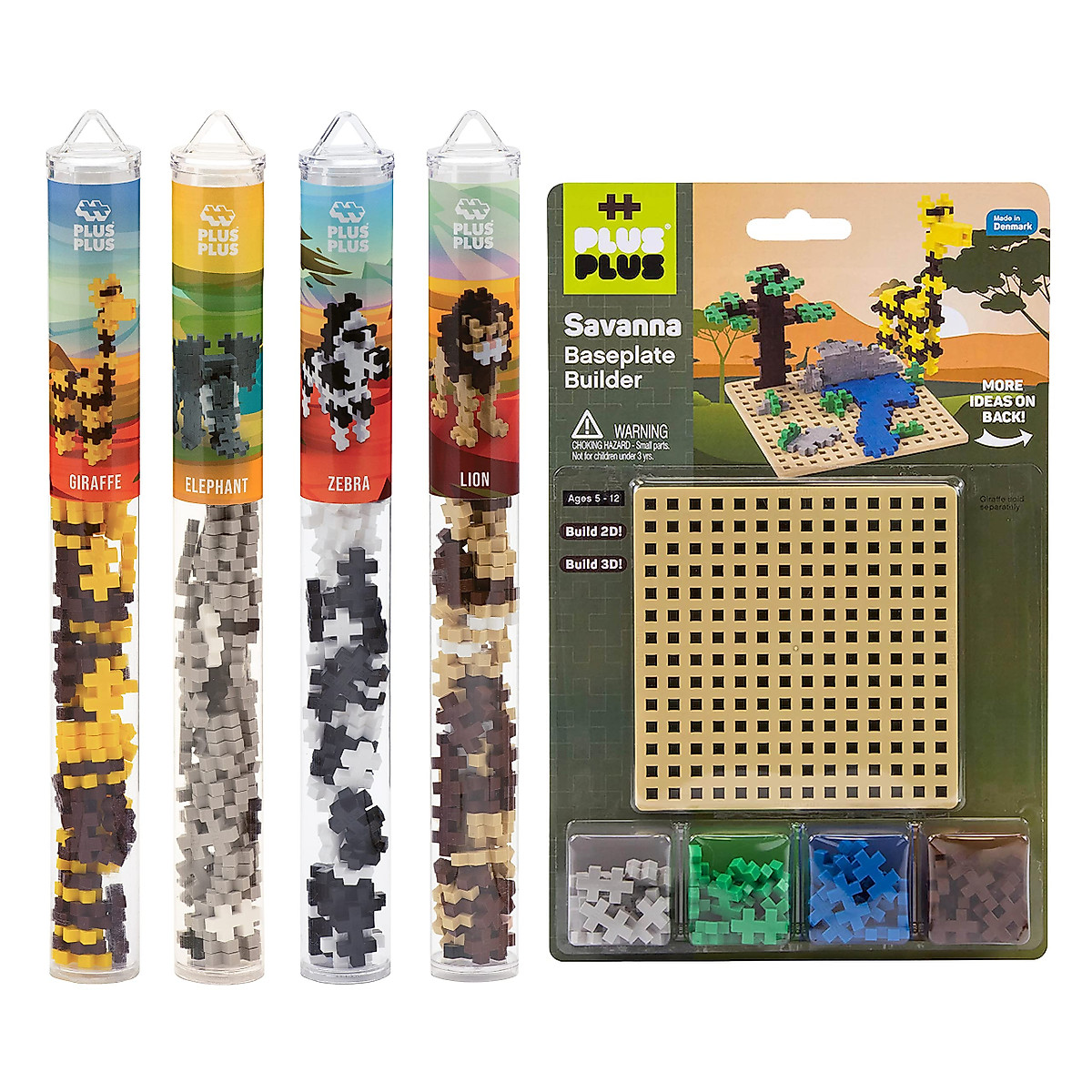PLUS PLUS - Safari 5 Piece Playset Bundle, Baseplate & 70 Piece Tubes - Construction Building Stem/Steam Toy, Interlocking Mini Puzzle Blocks for Kids