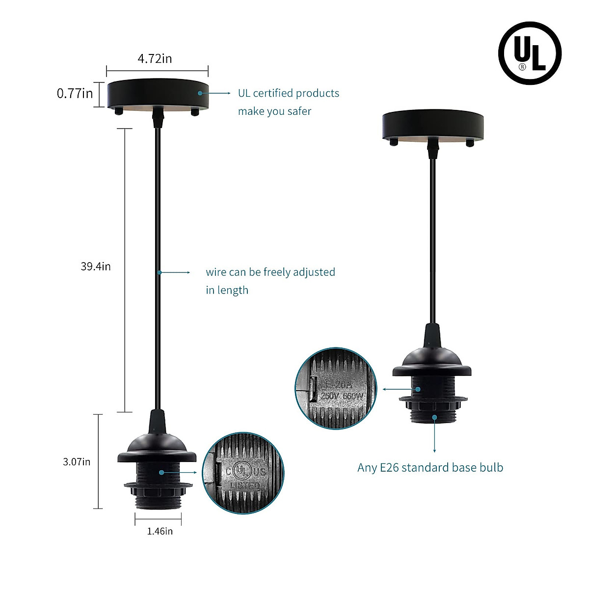 GOTEYSE Industrial Mini Pendant Light Kit, UL E26 Lamp Socket Retro Pendant Light Cord, Mini Ceiling Pendant Light, Adjustable DIY for Kitchen Bedroom Bar Cafe