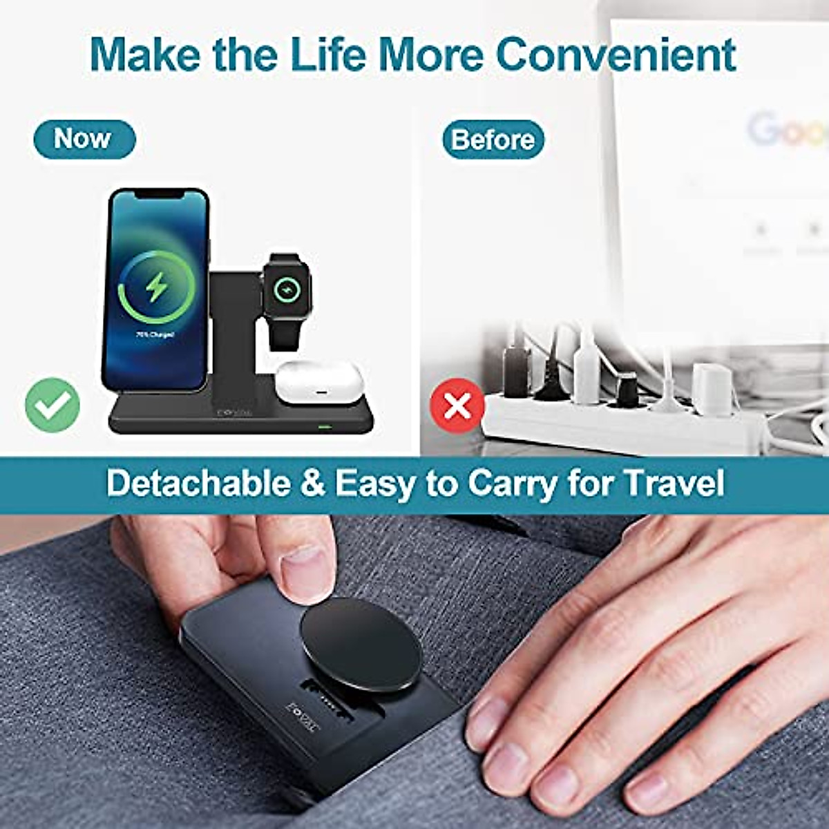 Magnetic Wireless Charger for iPhone 14/14 Plus/13/12/Pro,Pro Max,Mini, FOVAL for Detachable Magsafe Charger Stand Fast Charging Station with QC3.0 Adapter for iWatch/AirPods(Watch Cable NOT in)