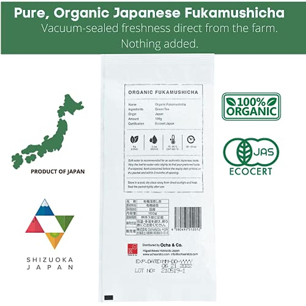 Ocha & Co. Organic Fukamushi Tea - Loose Leaf Japanese Deep Steamed Sencha Green Tea - Intense Taste Tea, 100g/3.5oz.
