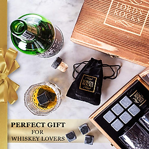 Whiskey Gifts for Fathers Day Men – 6 Whiskey Stones 2 Whiskey Shot Glasses 2.7 Ounce Wood Box and Velvet Pouch Cold Stones for Scotch, Whiskey, Bourbon, Tequila, Vodka, Rum, Wine