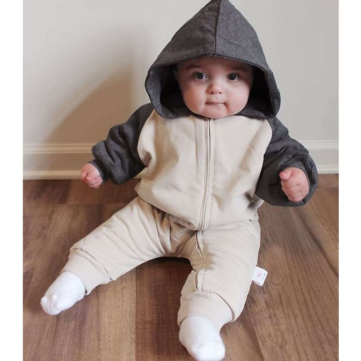 VISGOGO Baby Girls Boys Romper Contrast Color Long Sleeve Hooded Jumpsuit Zipper Autumn Outfit 0-24 Months (Dark Gray, 6-12 Months)