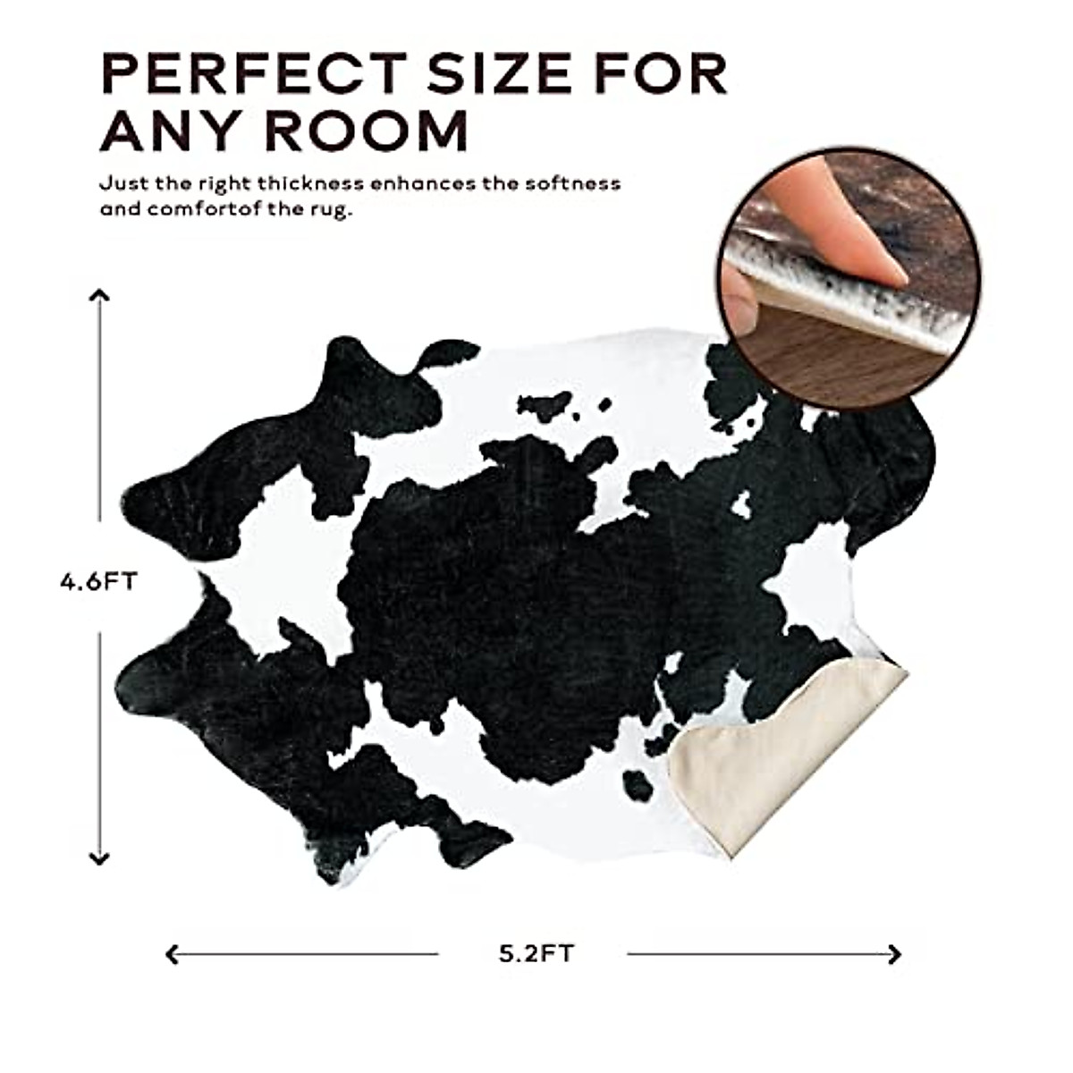 Ashler Cowhide Rug Cow Print Area Rug, Off White Cute Faux Cow Animal Mat, Non-Slip Backing, Machine Washable Rugs for Room Decor, Living Room and Bedroom, 4.6 x 5.2Ft