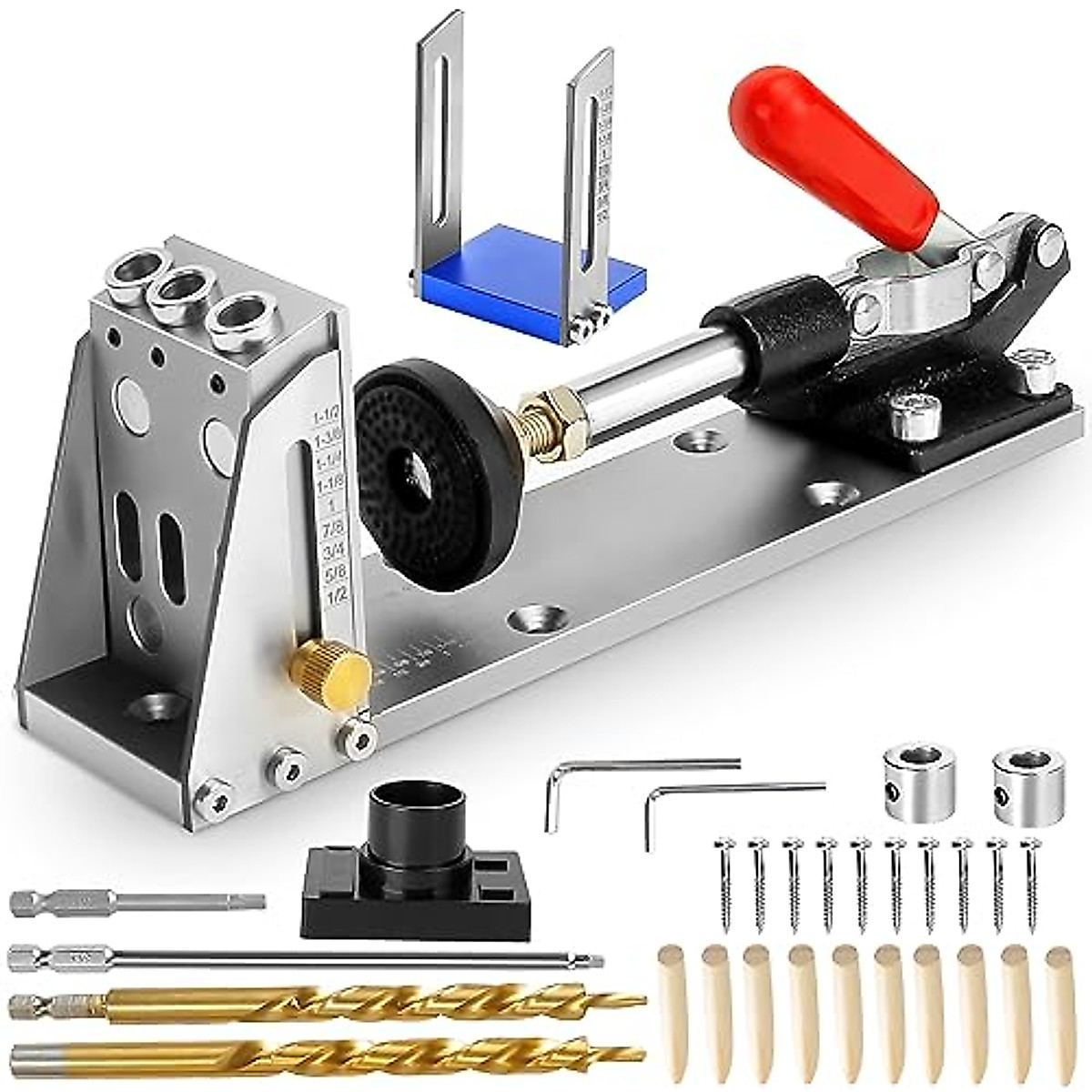 Pocket Hole Jig Kit - Adjustable Pocket Screw Jig Heavy Duty Aluminum Alloy Pocket Hole Jigs System for Woodworking, Carpenter Drill Jig for Angled Holes with 3 Drilling Bit Hole Puncher Locator