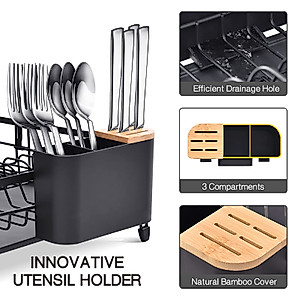 TOOLF Expandable Dish Drying Rack, Adjustable Dish Rack, Foldable Dish Drying Rack with Removable Cutlery Holder Swivel Drainage Spout, Anti-Rust Plate Rack for Kitchen, 1 Piece, Black