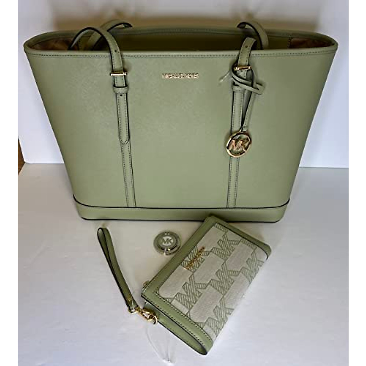 Michael Kors Jet Set Travel Large TZ Shoulder Tote bundled with Double Zip Wristlet and Purse Hook (Light Sage/MK)