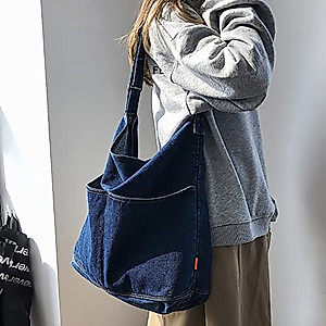 Denim Shoulder Bag Large Hobo Tote Bag Casual Canvas Bag Retro Crossbody Bag for School Travel Work (Dark Blue)